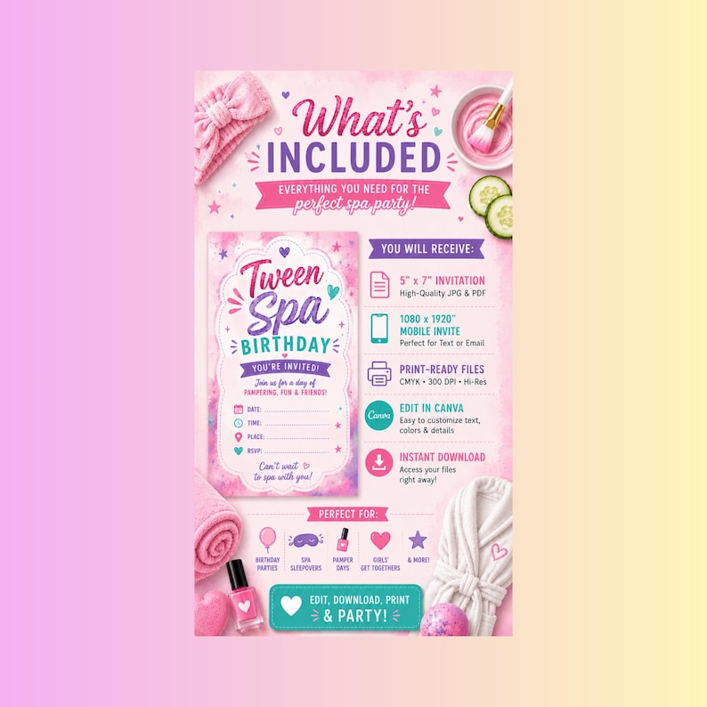 Tween Spa Birthday Invitation Canva Template Girls Sleepover Editable ...
