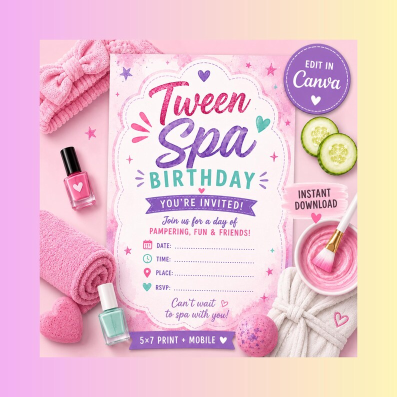 Tween Spa Birthday Invitation Canva Template Girls Sleepover Editable ...