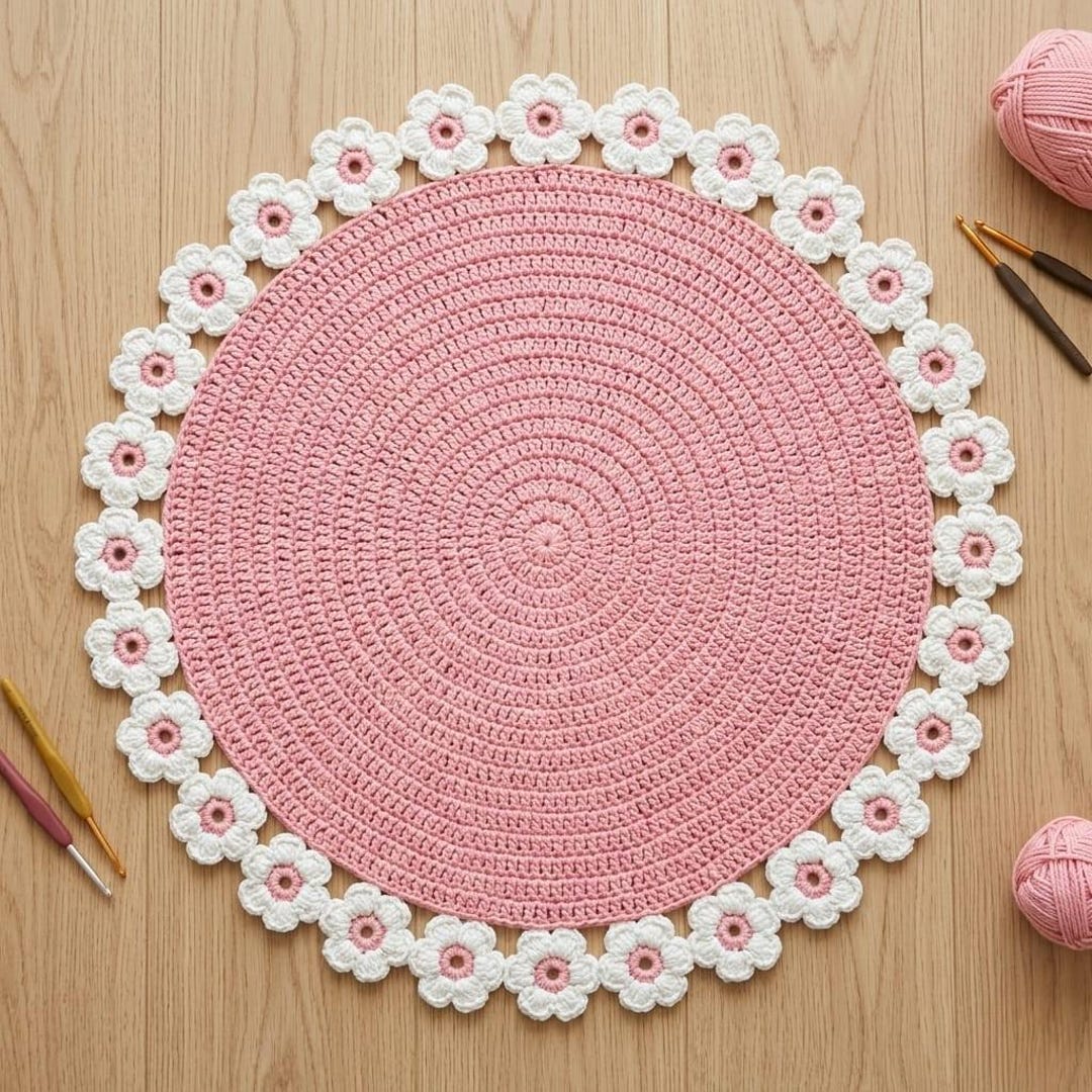 Pink Crochet Flower Rug | Handmade Round Floral Floor Mat - Etsy