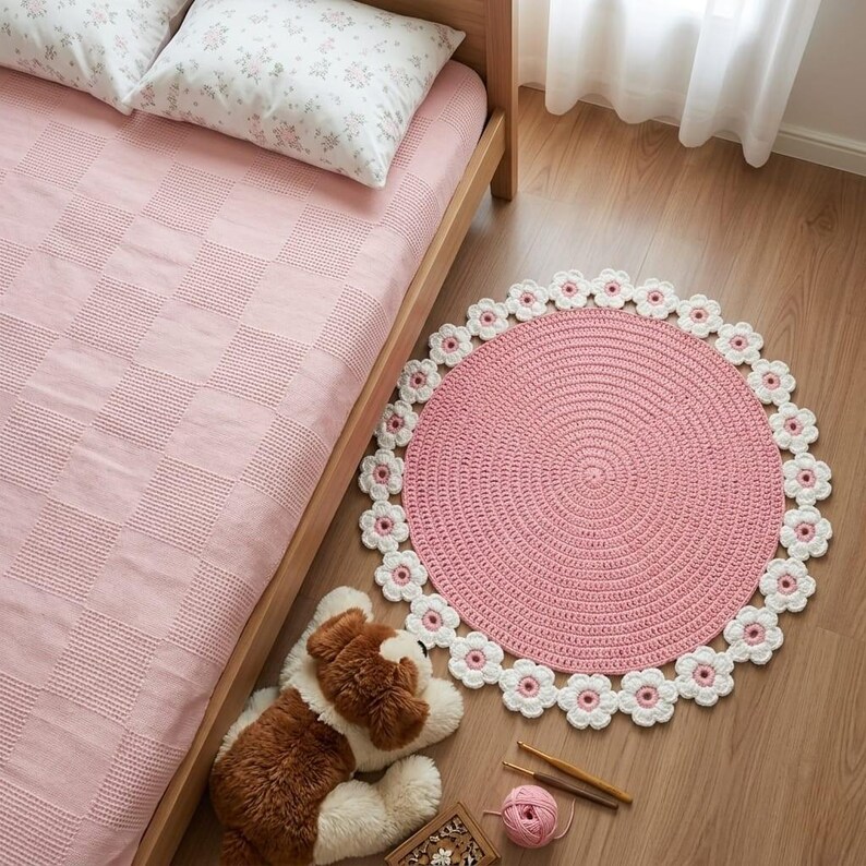 Pink Crochet Flower Rug | Handmade Round Floral Floor Mat - Etsy