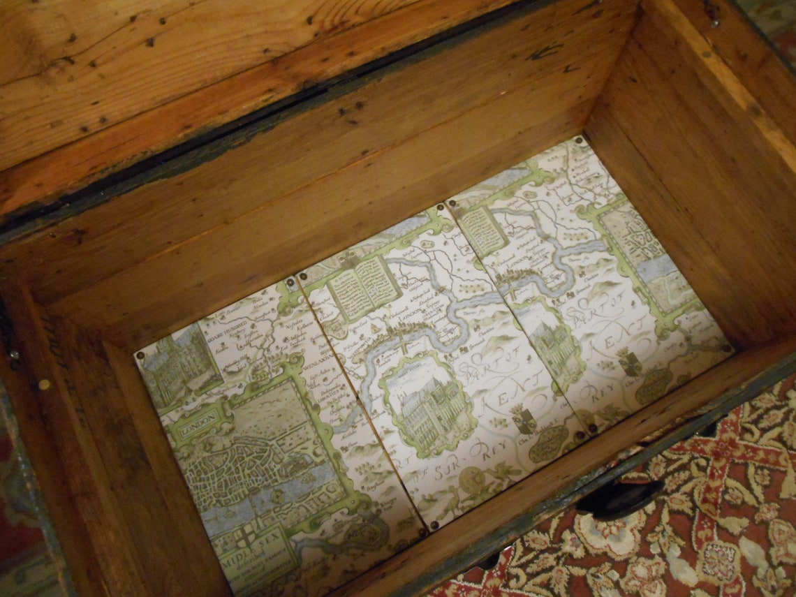 Hand Painted Compass Vintage Trunk Coffee Table W/ Storage & New Ball ...