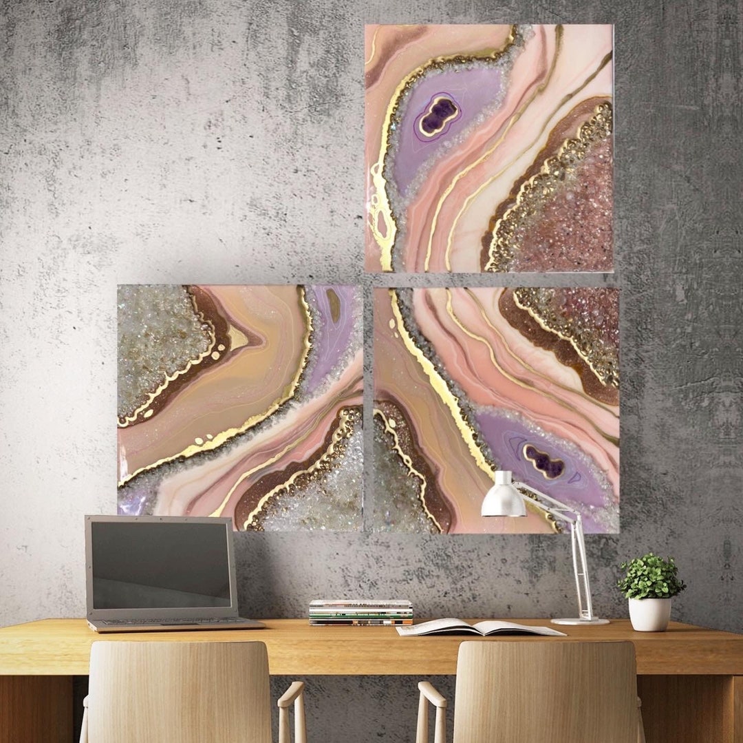 Pink Geode Wall Art Set for Office Blush Pink Wall Art Resin Textured ...