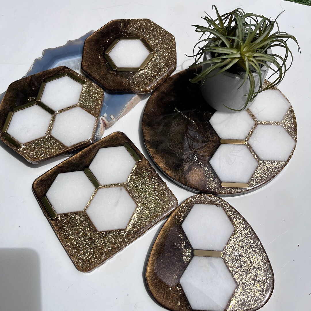 Resin and Marble Coaster Set. Bronze and Cold Coaster Set, 4 Coaster ...