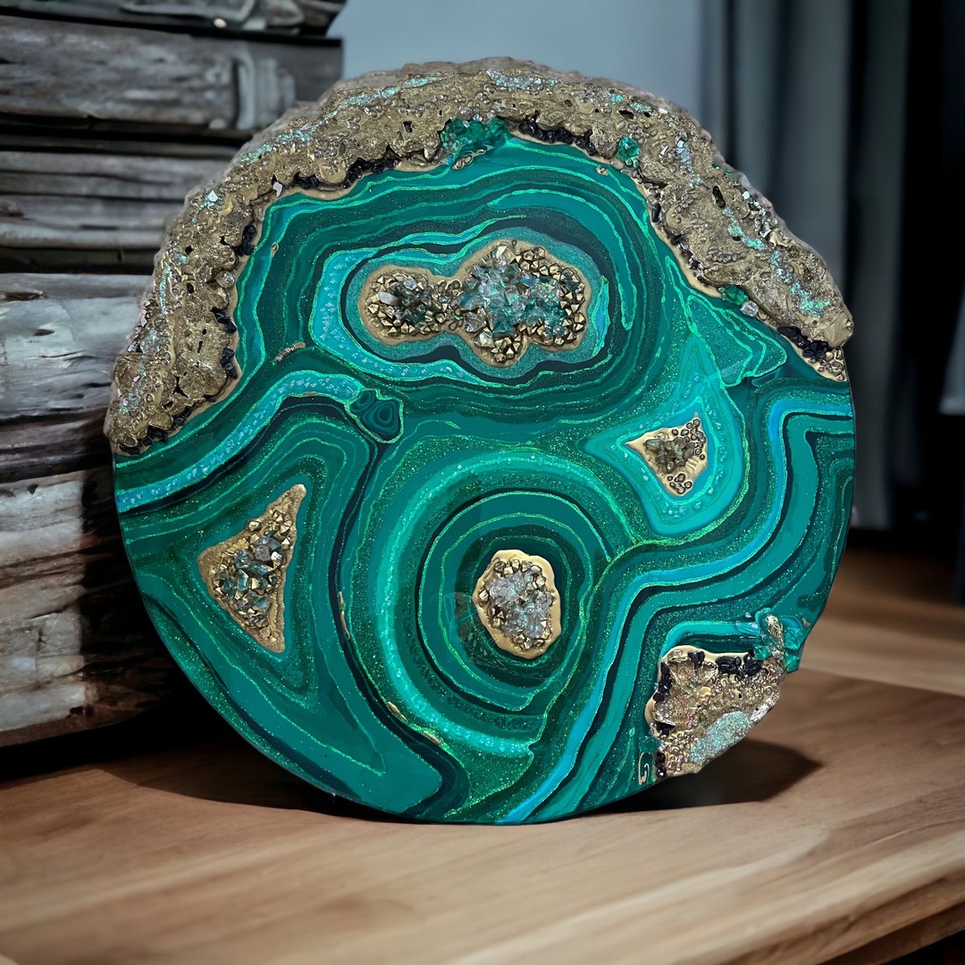 30" Green and Gold Malachite Resin Geode Art, Luxury Art Geode, Green ...