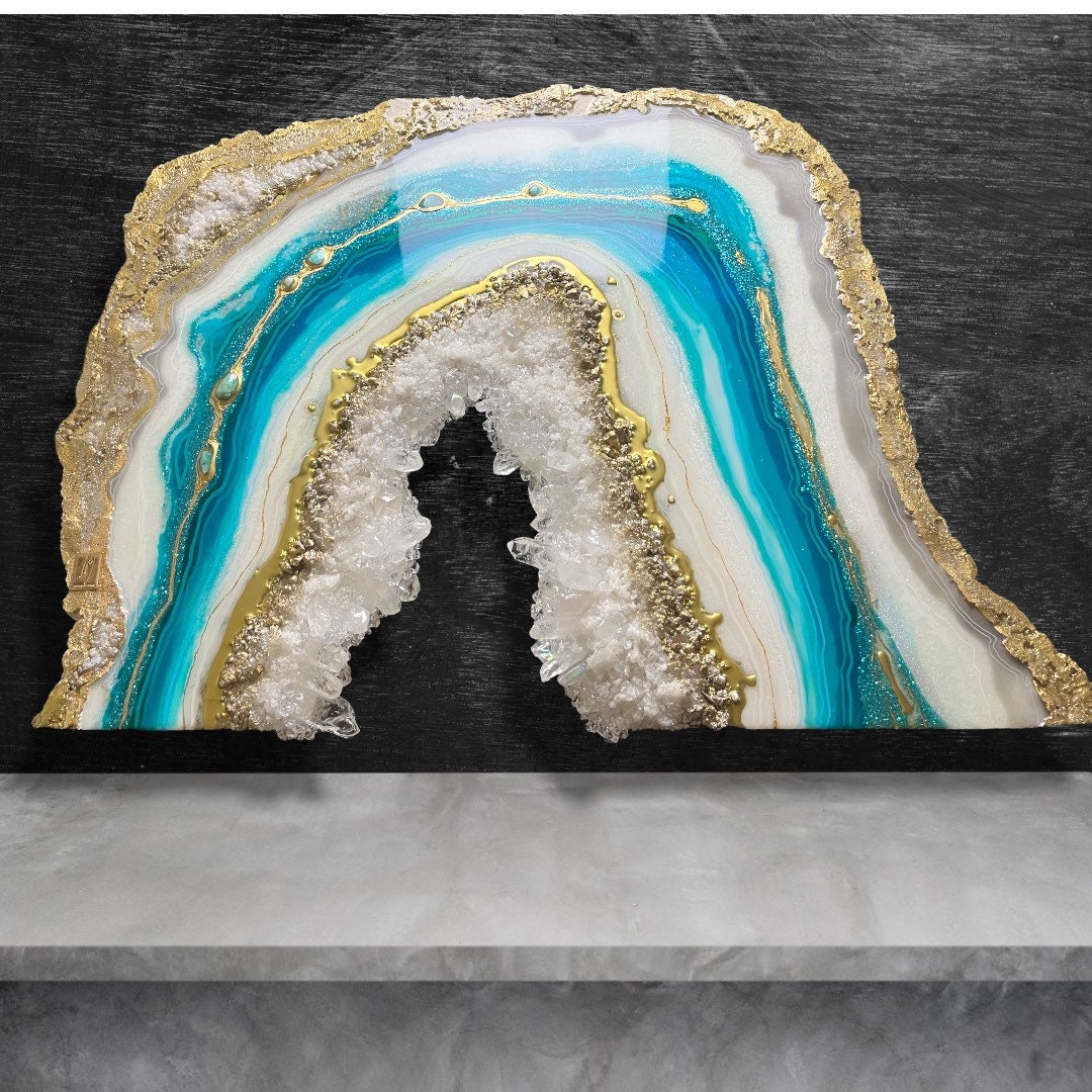 Teal Geode Painting Wall Art Blue Quartz Textured 3D Art for Crystal ...