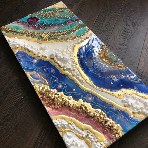Acrylic 3D Geode Painting Geode Wall Art Blue and Gold Resin Geode Art ...