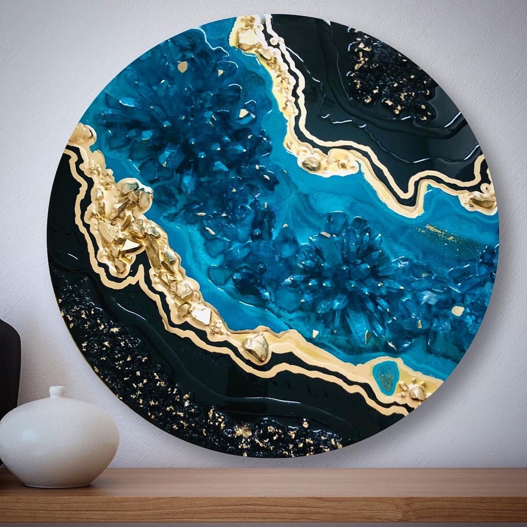 Black and Teal Resin Geode Art, Luxury Wall Art , Obsidian and Teal ...