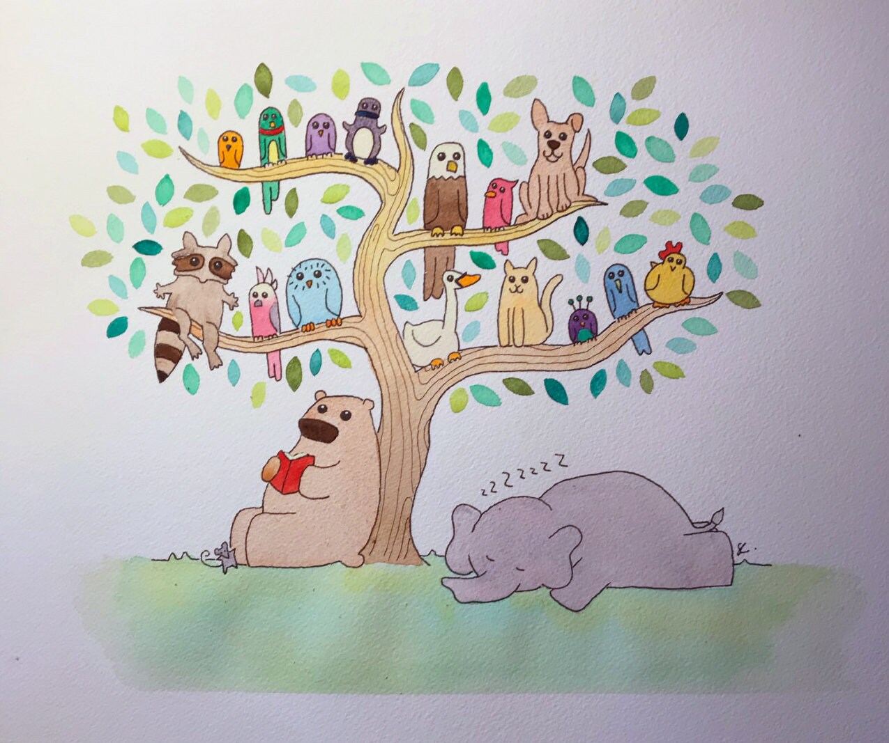 Animal Tree A3 Original Watercolour - Etsy UK