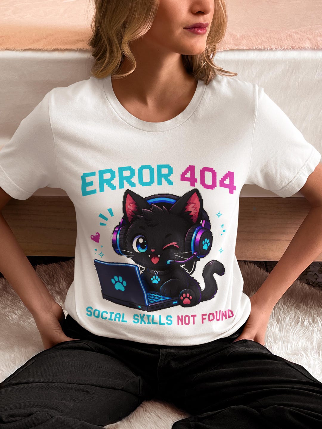 Funny Programmer Humor | Winking Pixel Art Black Cat Error 404 | Unisex ...