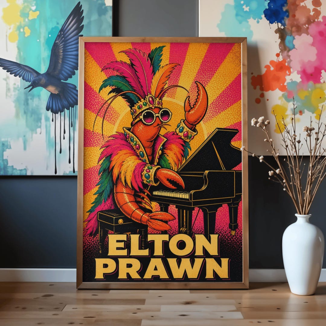 Funny Retro Poster | Elton Prawn | Music Fan Wall Art | Pun Poster ...