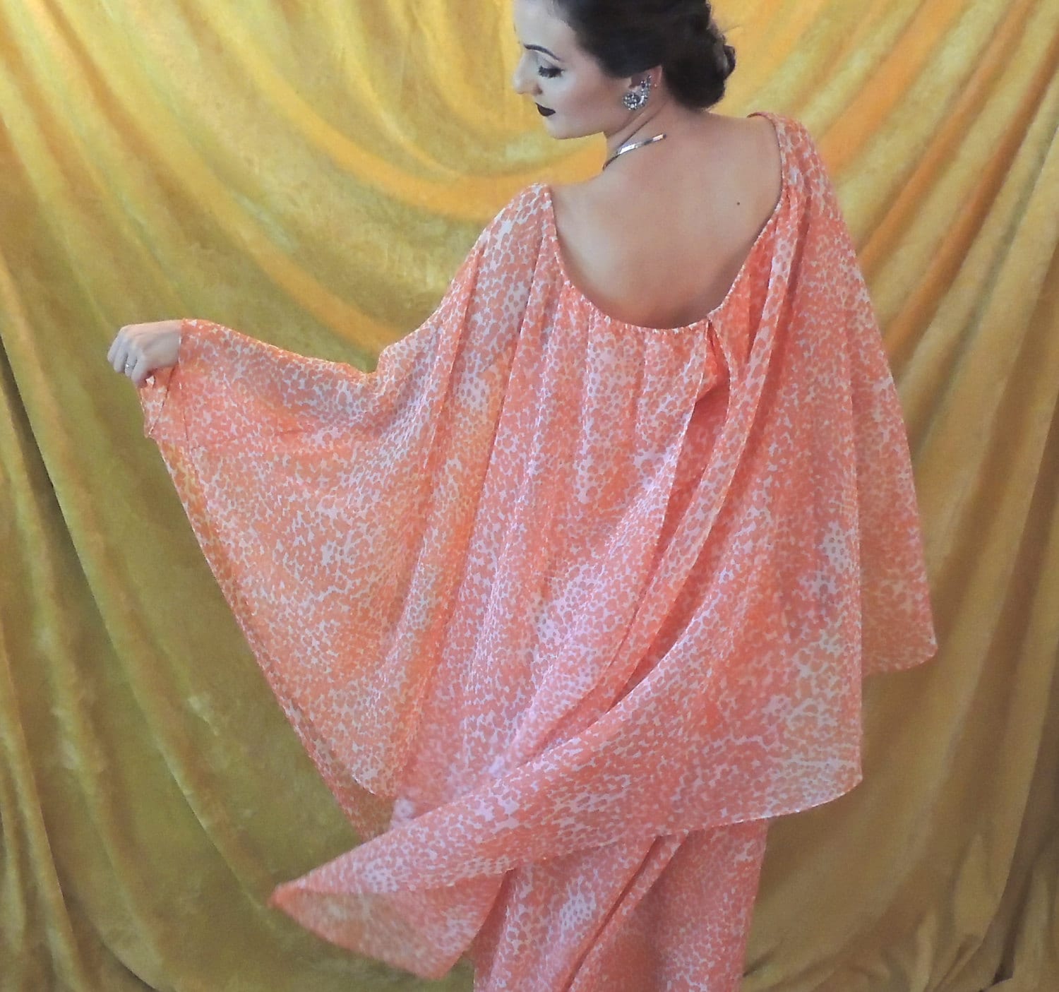 70s Albert Caprano Goddess Dress/ Orange Animal Print/sheer Chiffon ...