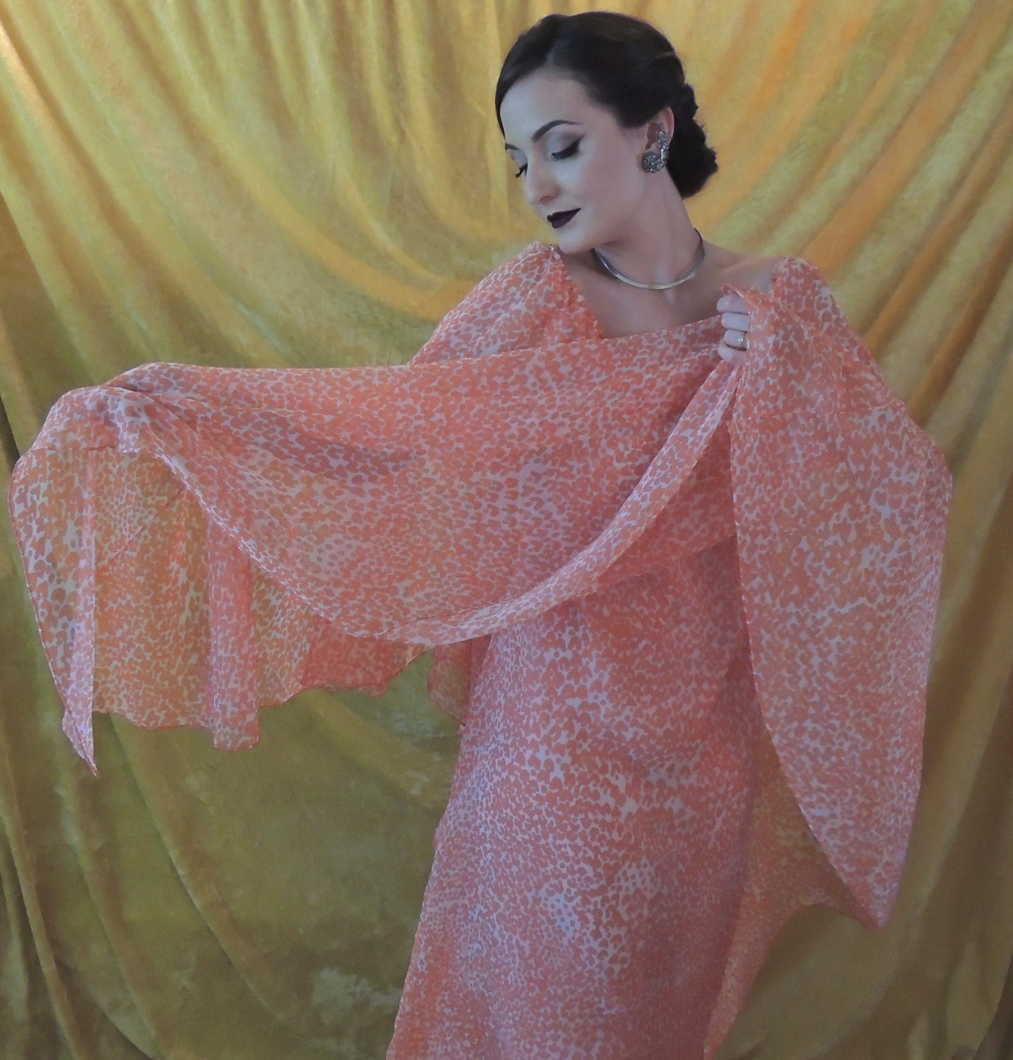 70s Albert Caprano Goddess Dress/ Orange Animal Print/sheer Chiffon ...