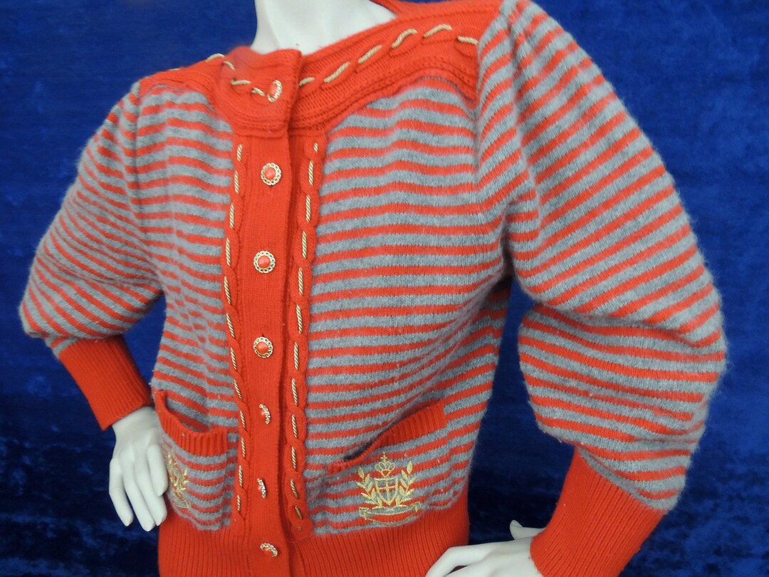 Angora Striped Cardigan/nautical Military Flair/red Gray/gold Cording ...