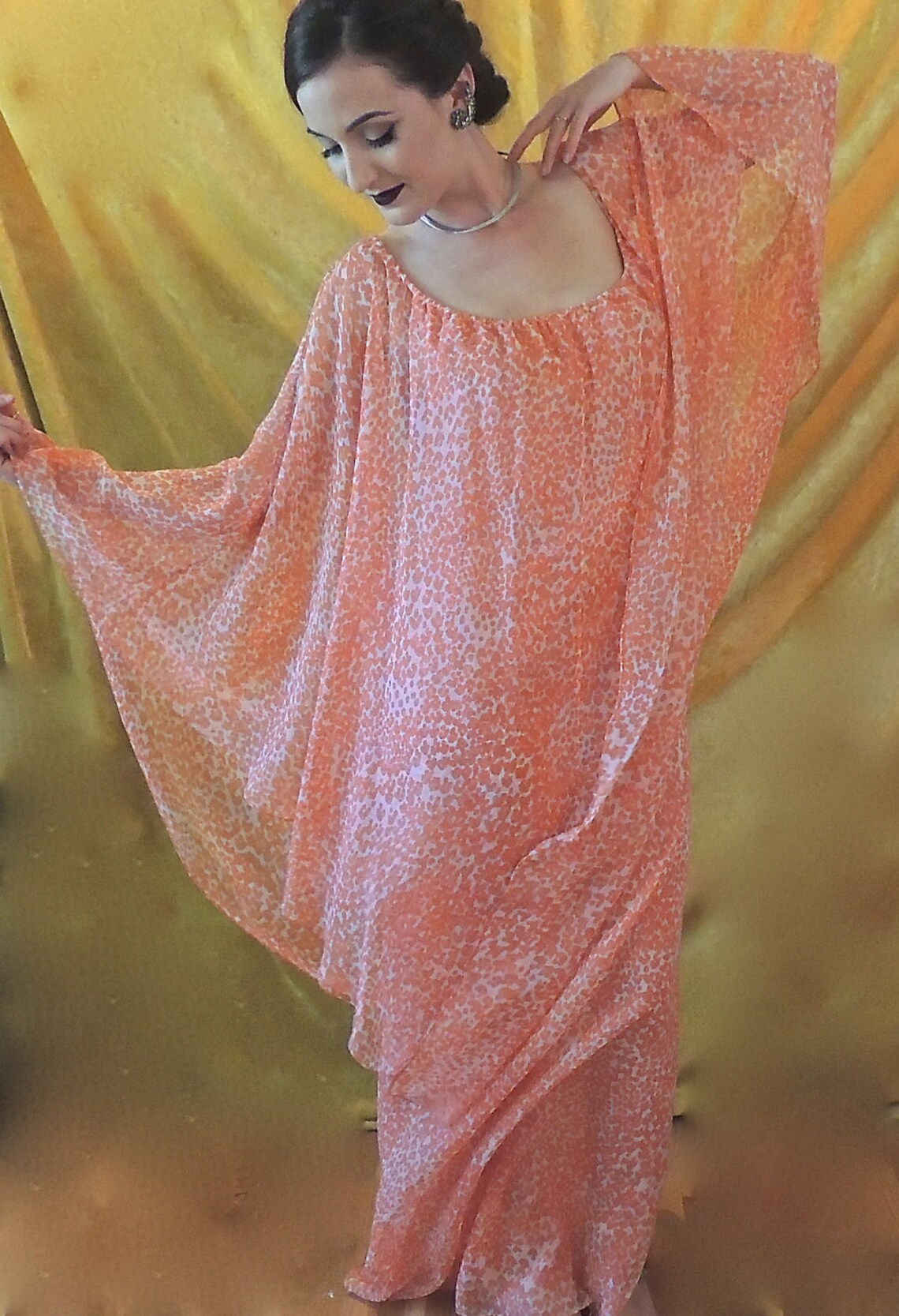 70s Albert Caprano Goddess Dress/ Orange Animal Print/sheer Chiffon ...