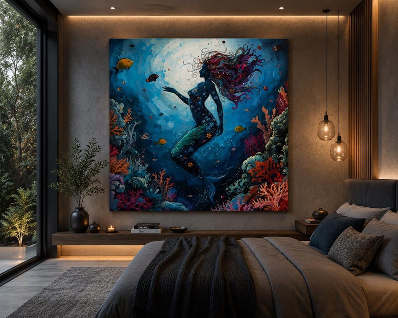 Mystical Mermaid Wall Art, Underwater Fantasy Ocean Decor, Colorful Sea ...