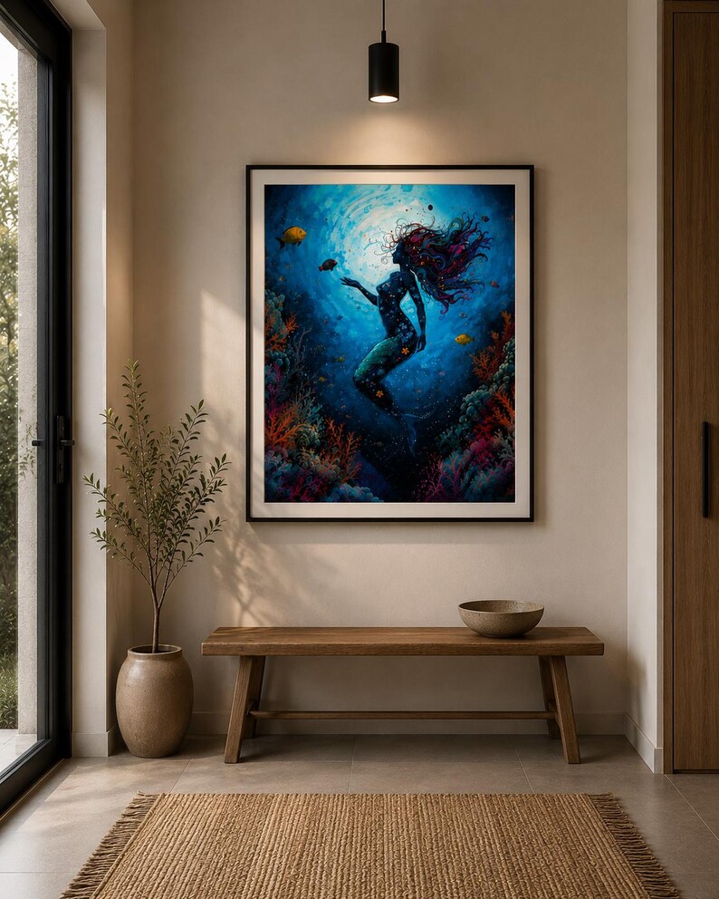 Mystical Mermaid Wall Art, Underwater Fantasy Ocean Decor, Colorful Sea ...