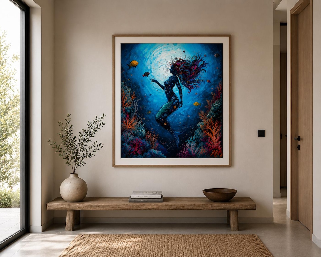 Mystical Mermaid Wall Art, Underwater Fantasy Ocean Decor, Colorful Sea ...