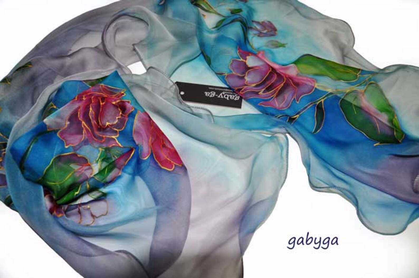 Hand Painted Silk Scarf/red Roses in Blue/painted Silk Scarf/blue Silk ...