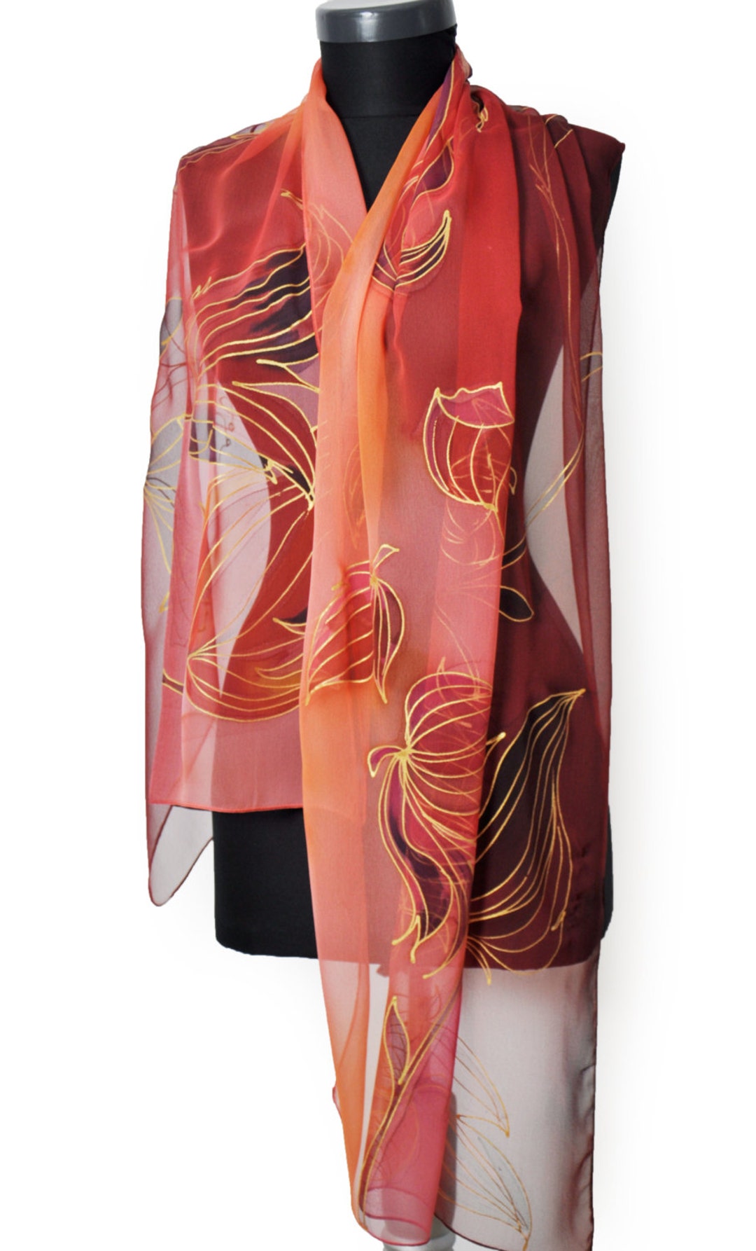 Hand Painted Autumn Silk Scarf, Long Fall Leaves Wrap in Warm Orange ...