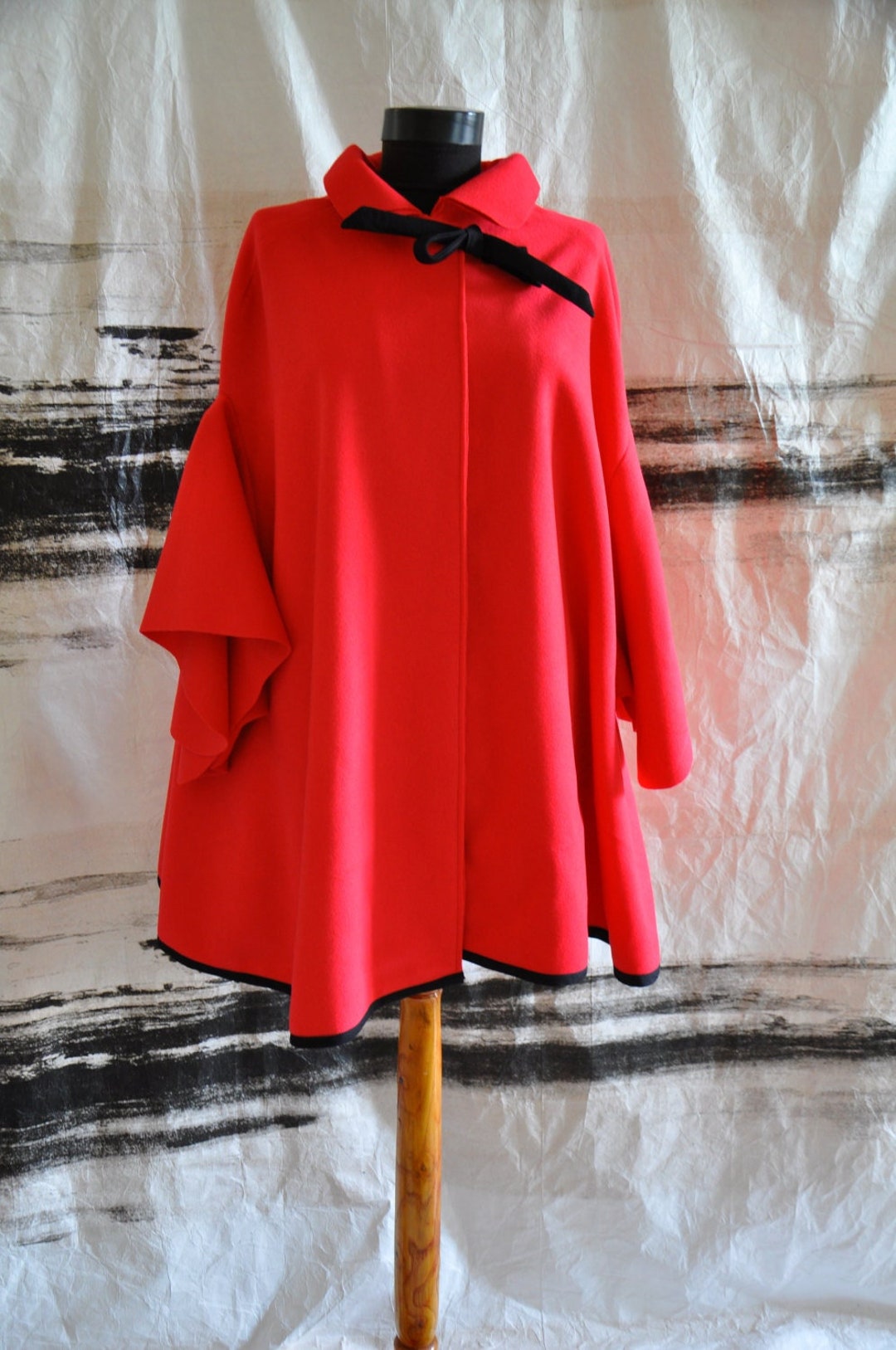 Red Cape Coat, Winter Cape Coat, Wool Cape Coat, Batwing Coat, Plus ...