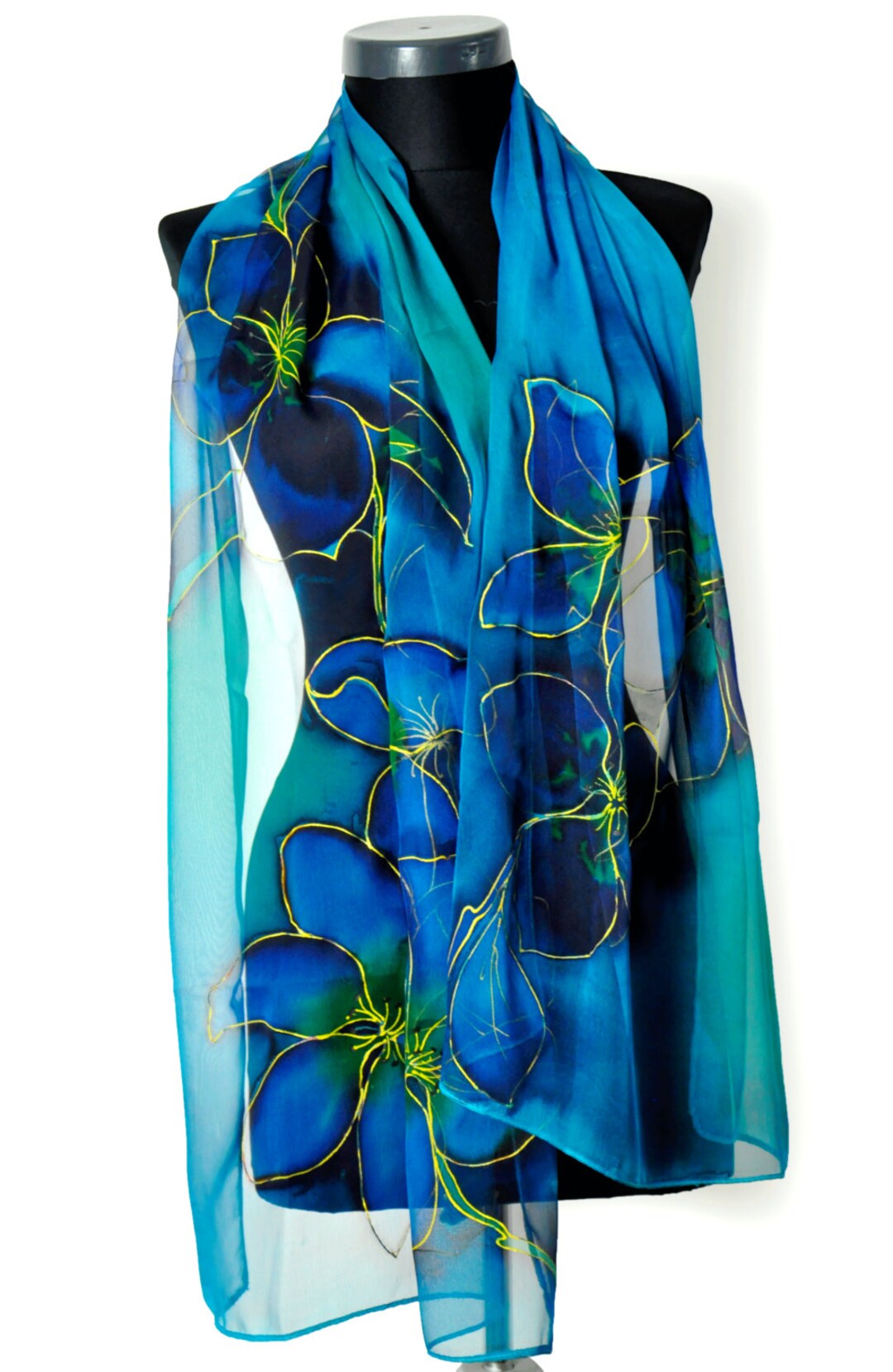 Hand Painted Silk Chiffon Scarf/blue Flowers/painting by Hand Chiffon ...