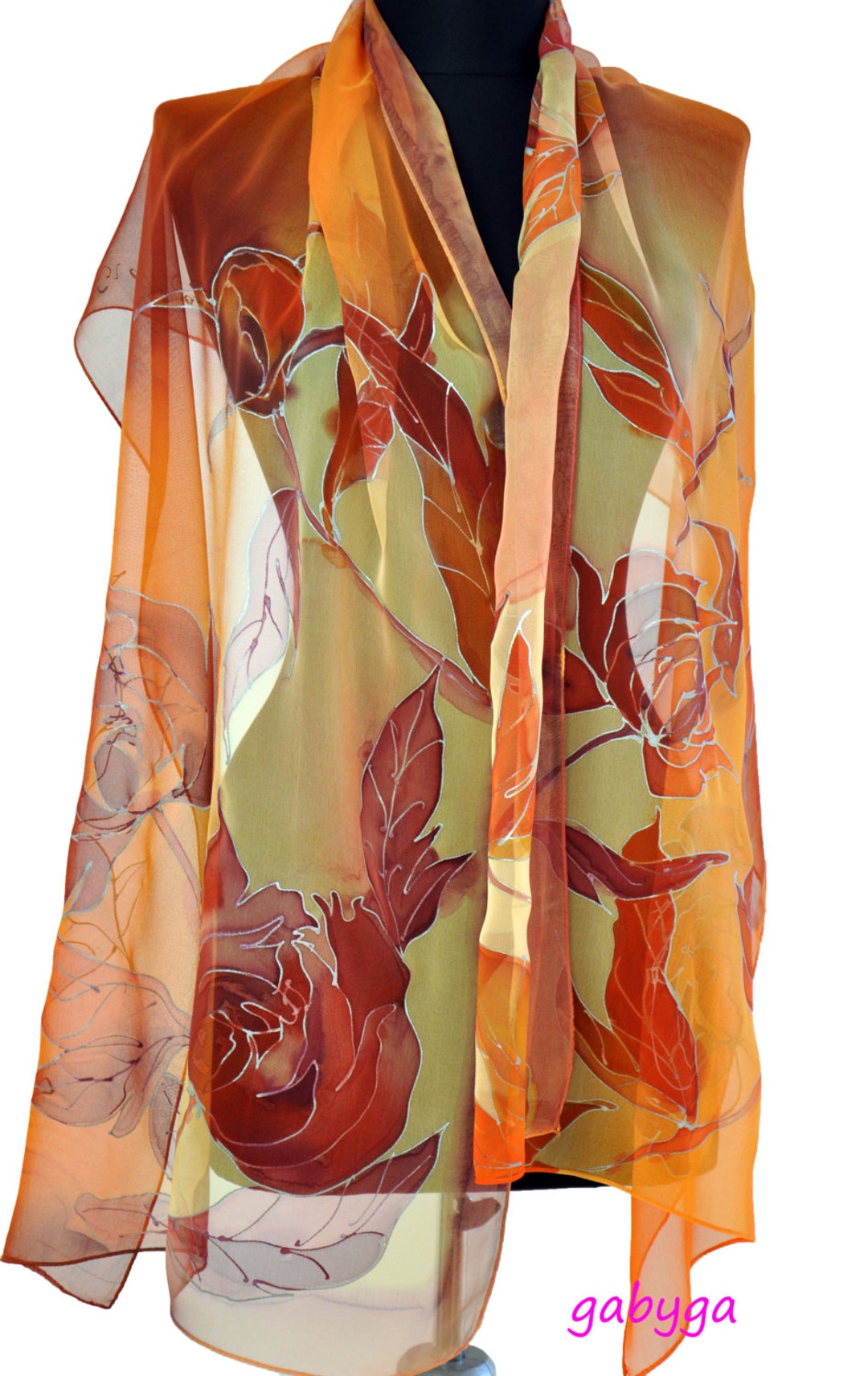 Cachecol de seda pintado à mão/Pintura de flores à mão/Cachecol de ...