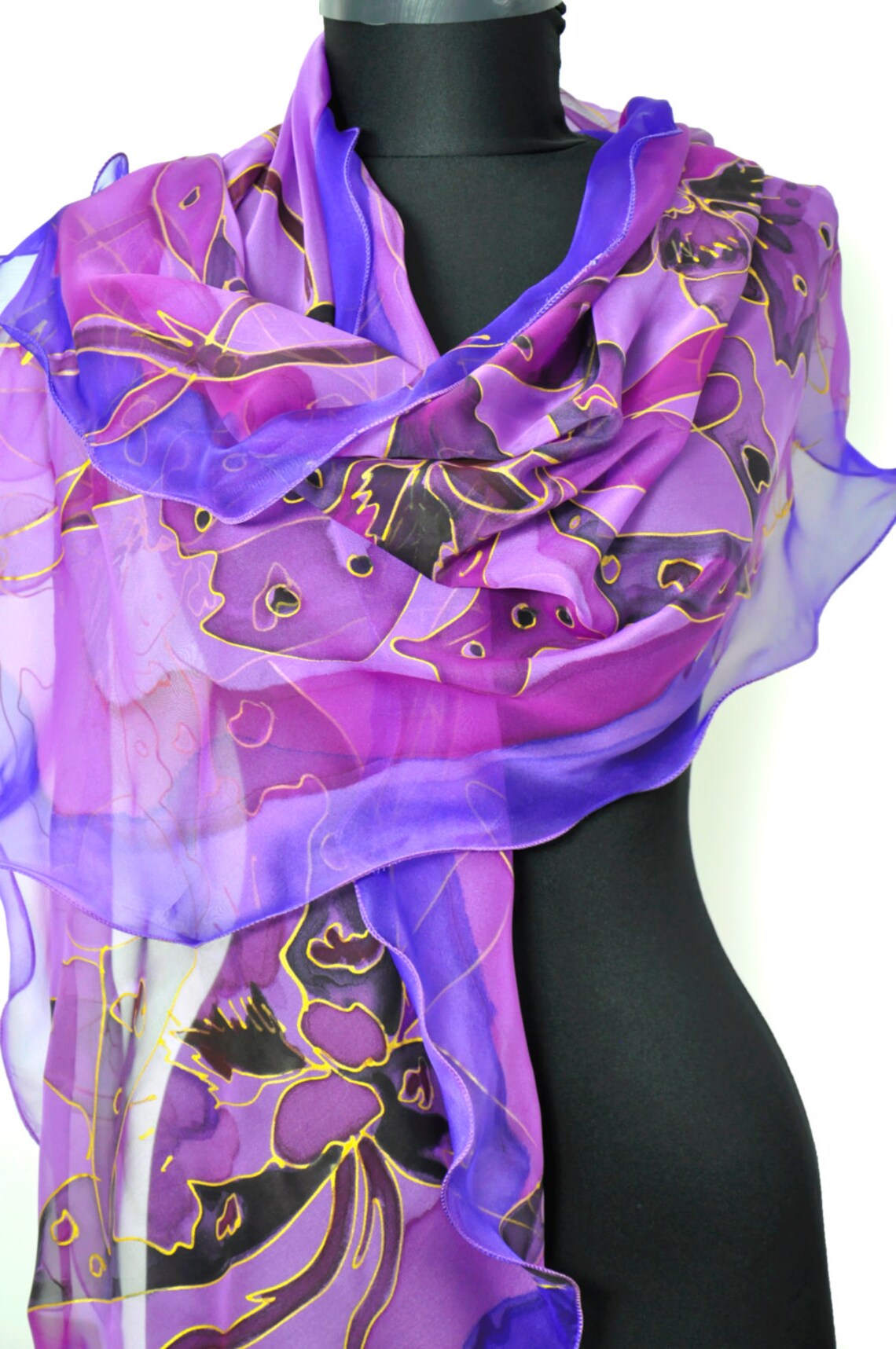 Purple Silk Hand-painted Scarf, Exotic Floral Orchids Wrap, Luxury ...