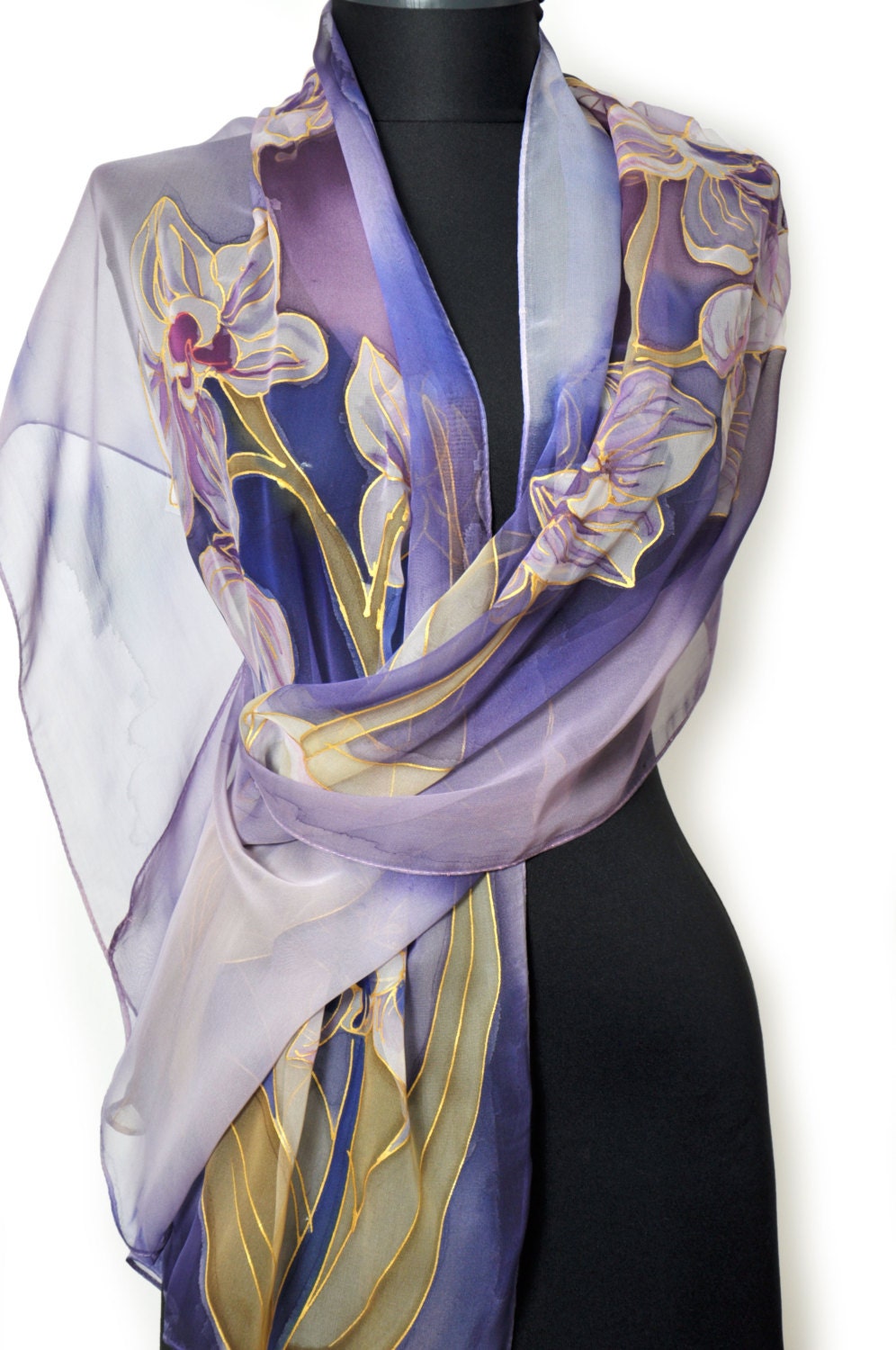 Hand Painted Silk Chiffon Scarf/purple Flowers/painting by Hand Orchids ...