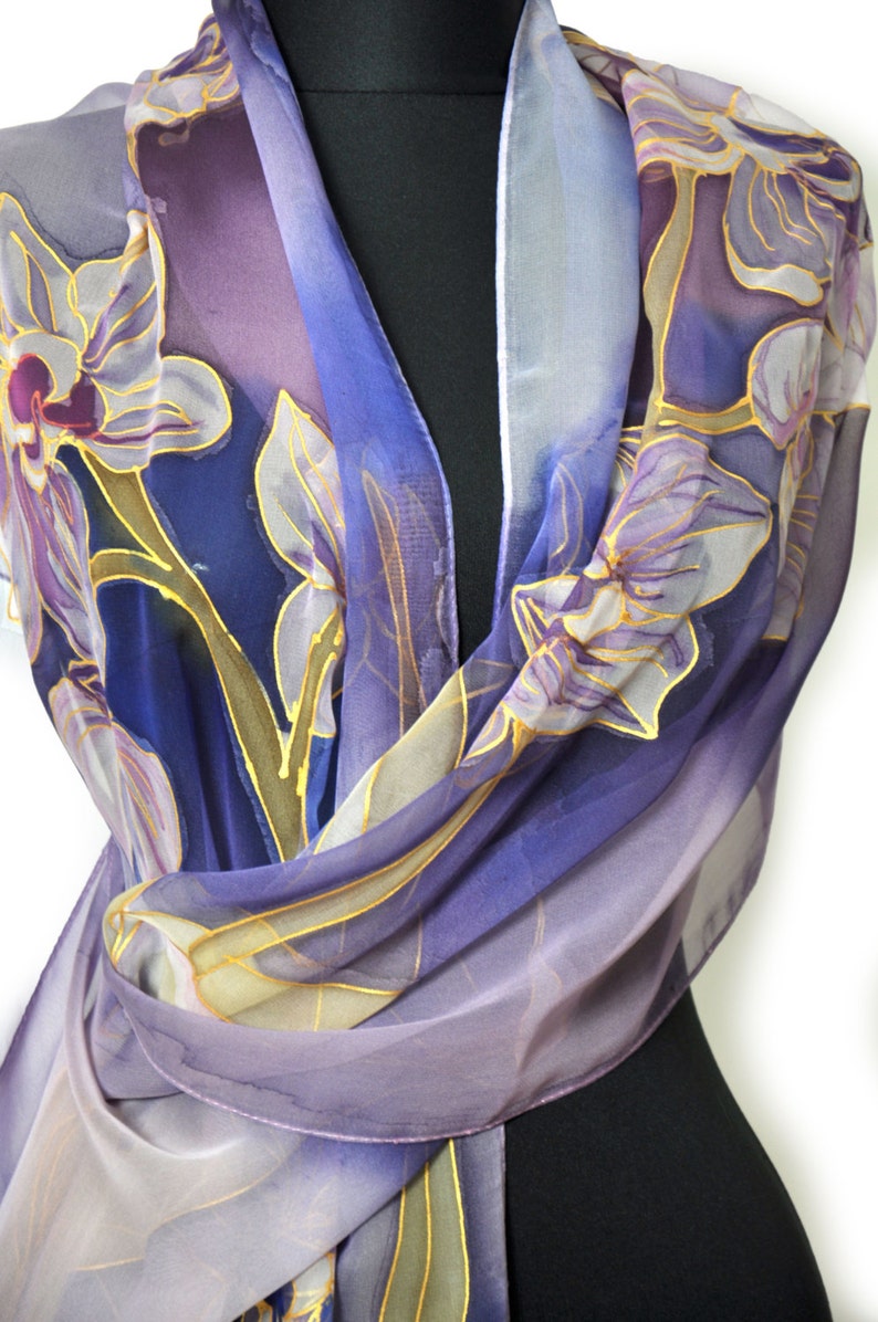 Hand Painted Silk Chiffon Scarf/purple Flowers/painting by Hand Orchids ...