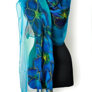 Hand Painted Silk Chiffon Scarf/blue Flowers/painting by Hand Chiffon ...