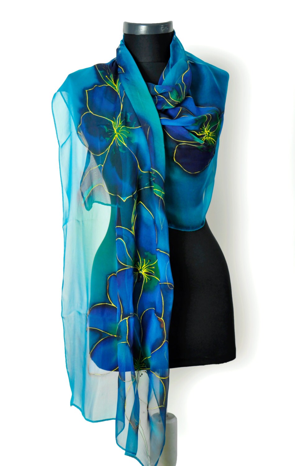 Hand Painted Silk Chiffon Scarf/blue Flowers/painting by Hand Chiffon ...