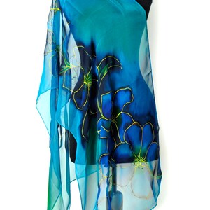 Hand Painted Silk Chiffon Scarf/blue Flowers/painting by Hand Chiffon ...