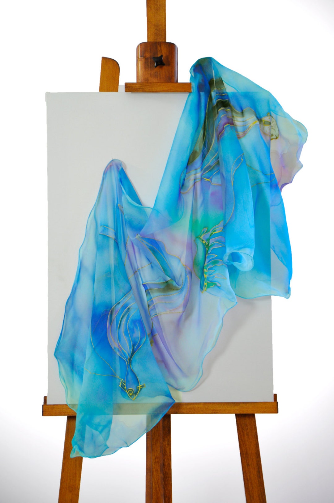 Hand-painted Silk Chiffon Scarf: Blue Aqua Fish Design - Etsy