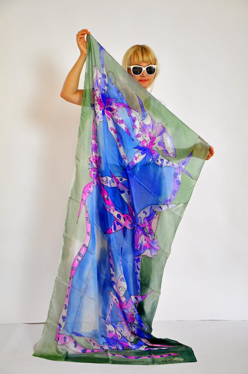Hand Painted Silk Scarf With Orchids – Blue Floral Shawl, Artistic Wrap ...