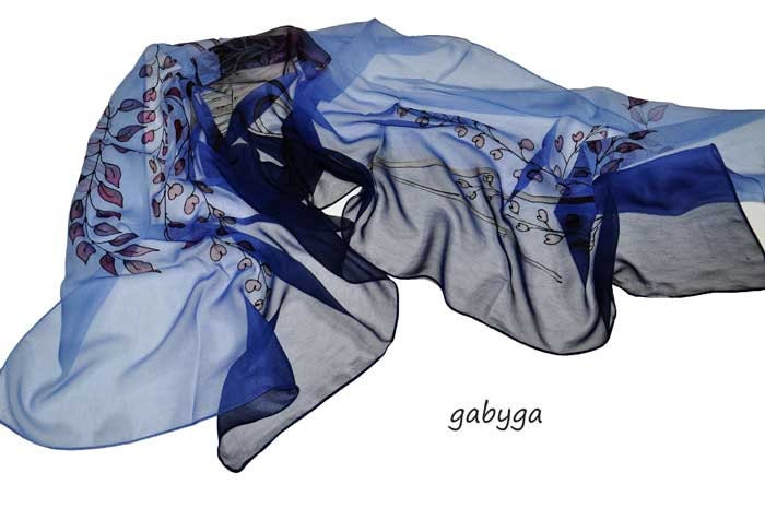 Blue Flowers Hand Painted Scarf Painted Silk Scarf Dark Blue Silk Scarf ...