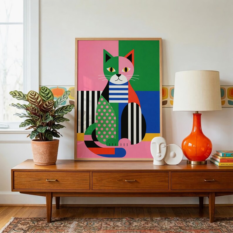 Art Print of a Green and Pink Cat With Polka Dots and Geometric Pop ...