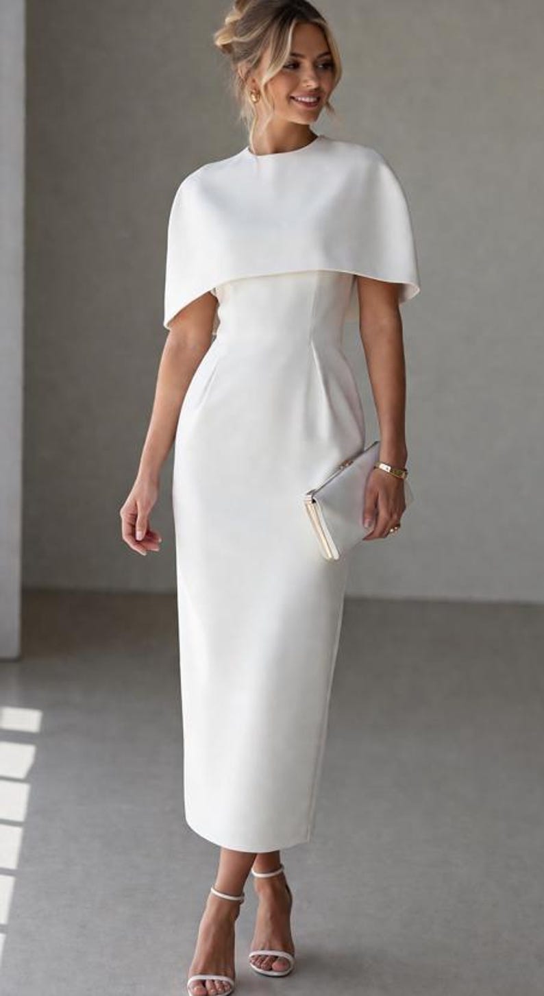 Elegant White Cape Dress Set for Women, 2 Piece Shawl Midi Dress, Slim ...
