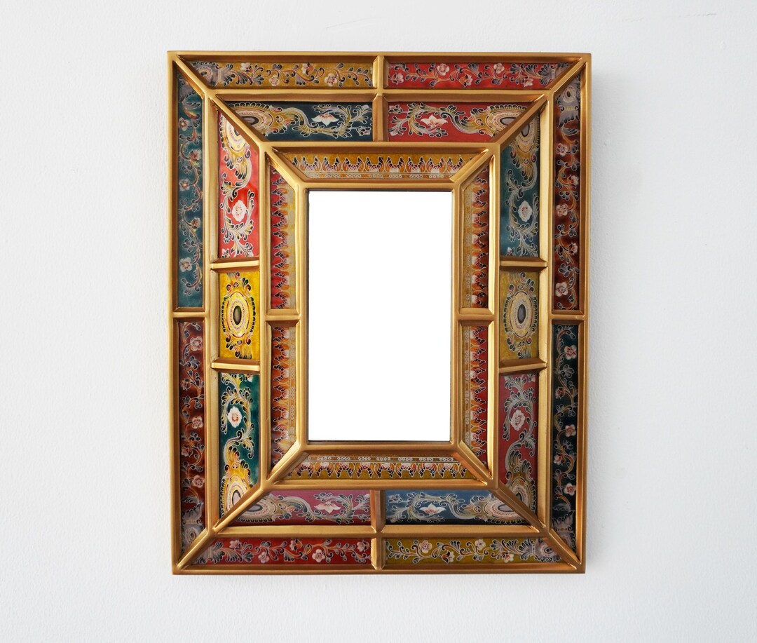 Peruvian Reverse Painted Glass Mirror, Gold Rectangle Wall Art, 16in ...