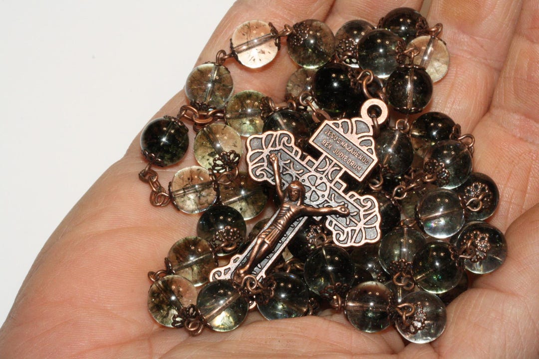 Large 10mm Green Ghost Quartz and Copper Bead Rosary Handmade in ...