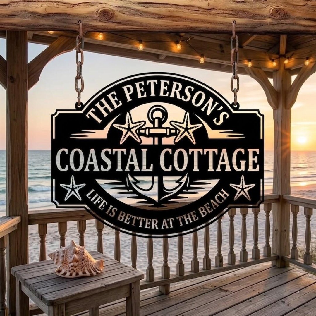 Personalized Coastal Cottage Metal Sign, Custom Beach House Name Sign ...