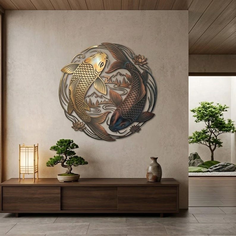 Koi Fish Metal Wall Art, Yin Yang Koi Metal Sign, Japanese Pond Decor ...
