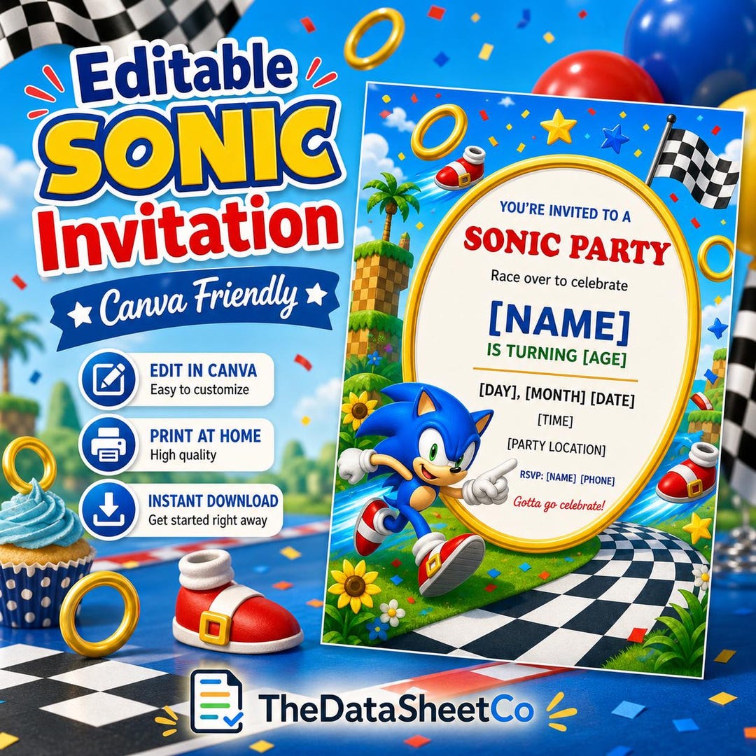 Sonic Birthday Invitation | Editable Canva Party Template (digital ...