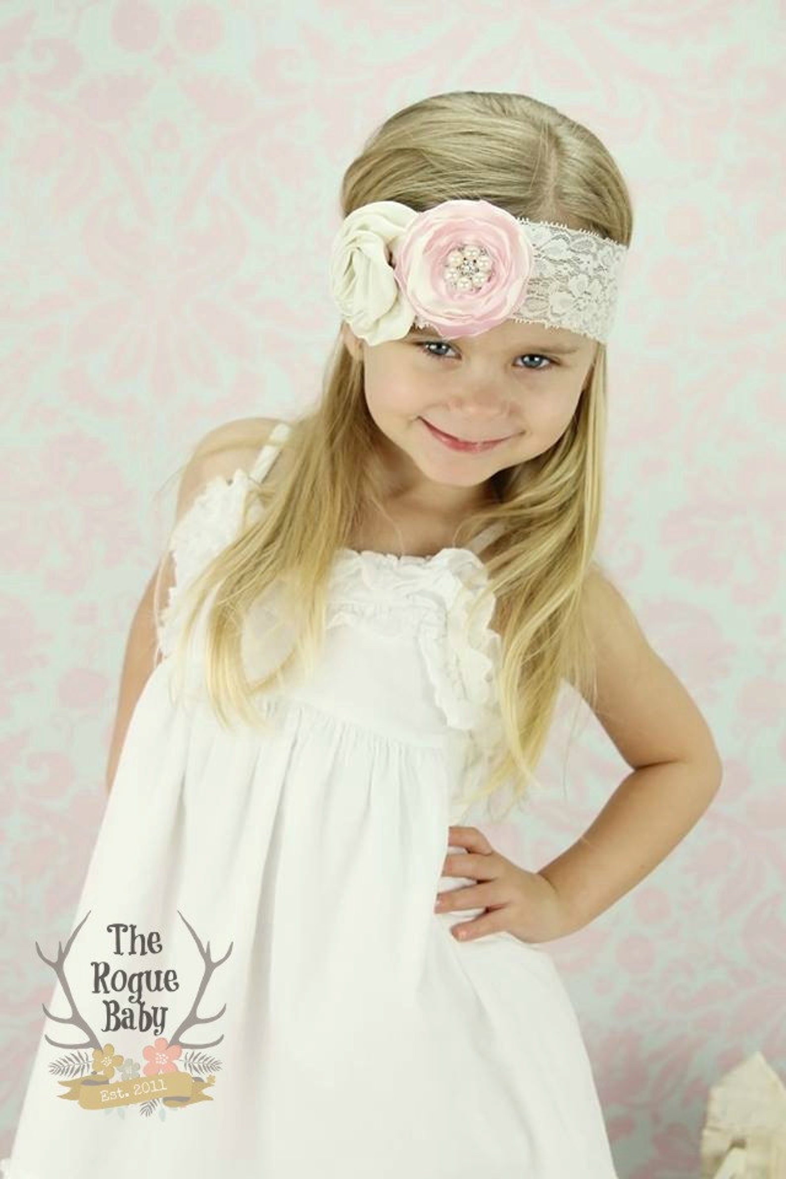 The Vintage Princess Ivory & Pink Lace Headband Cream - Etsy