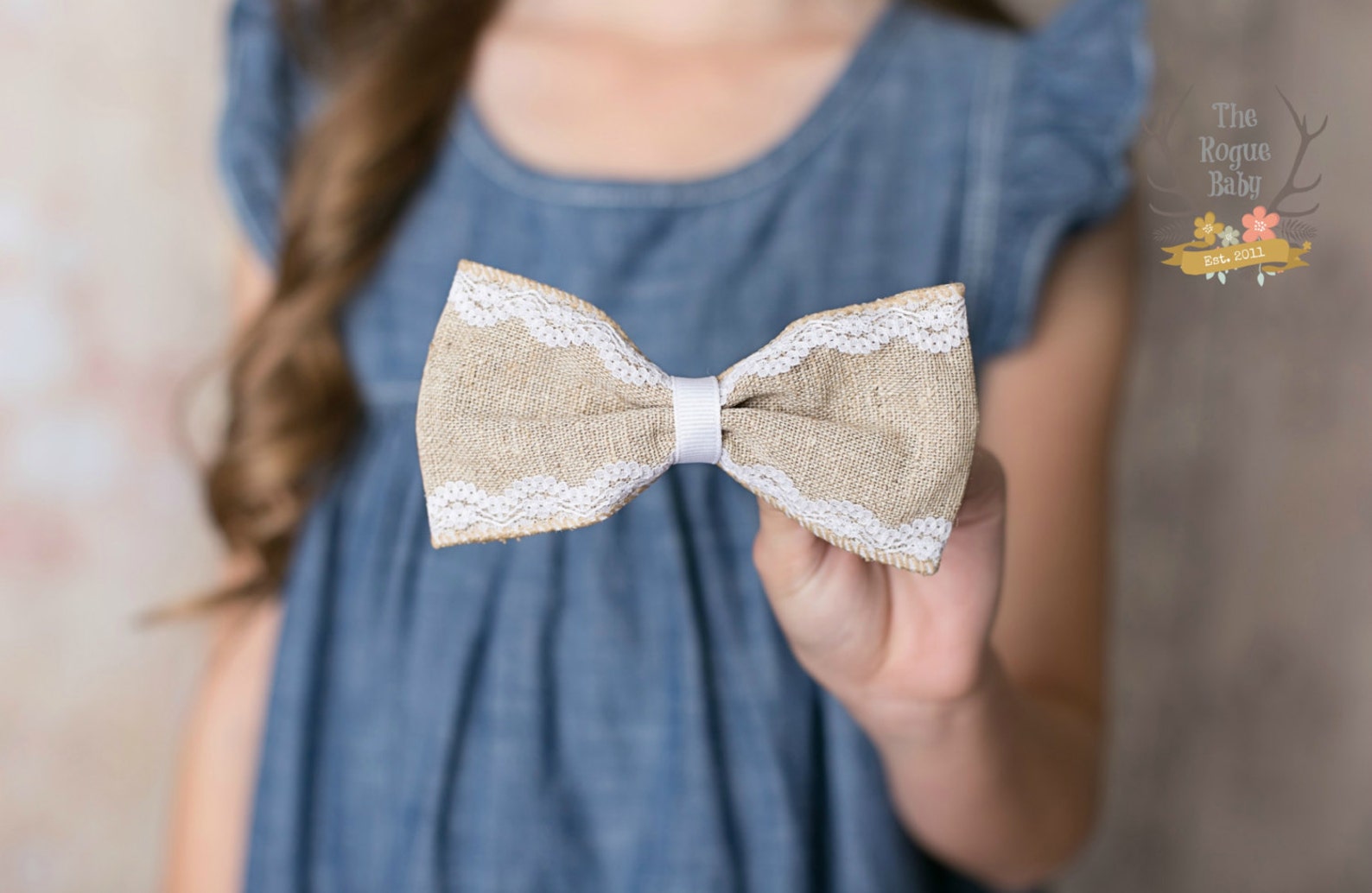 Burlap & Lace Hair Bow - Rustic Wedding - Flower Girl - Linen - White ...