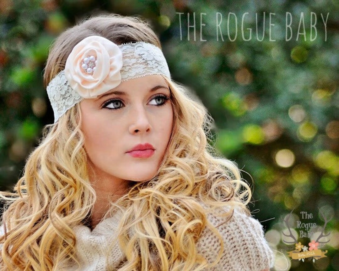 Champagne & Cream Satin Rosette With Pearl Rhinestone Lace Headband ...
