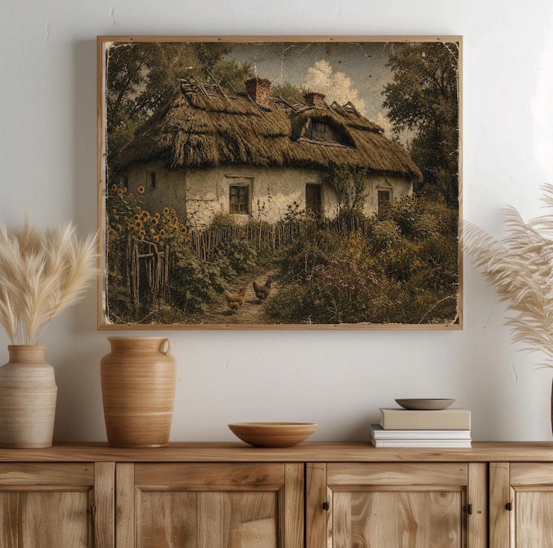 Vintage Cottage Landscape Print, Rustic Farmhouse Wall Art (digital ...