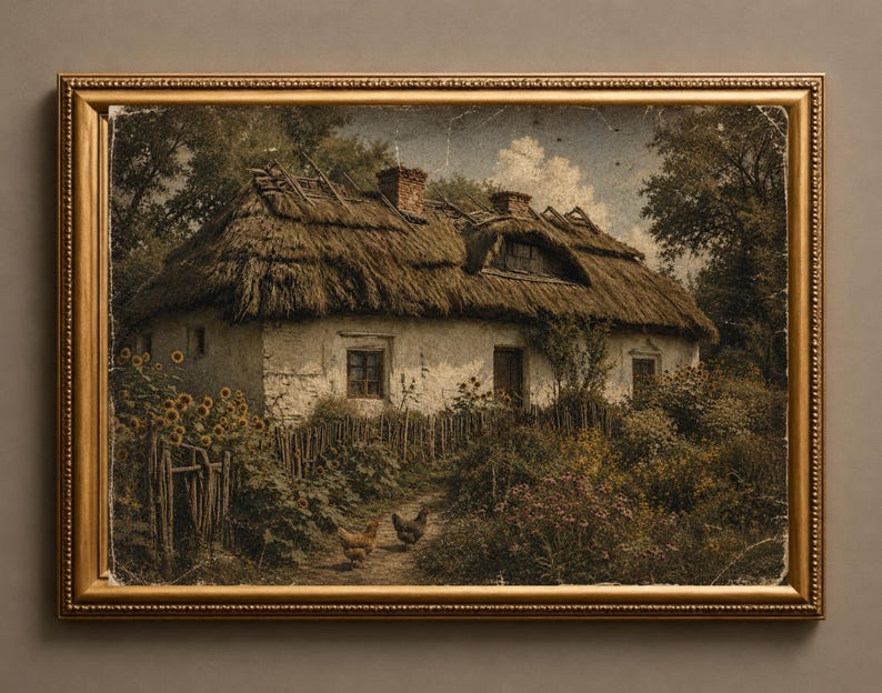 Vintage Cottage Landscape Print, Rustic Farmhouse Wall Art (digital ...