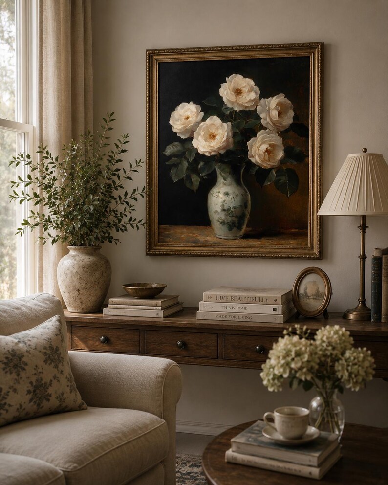 Vintage White Roses Oil Painting Print, Antique Floral Cottagecore ...