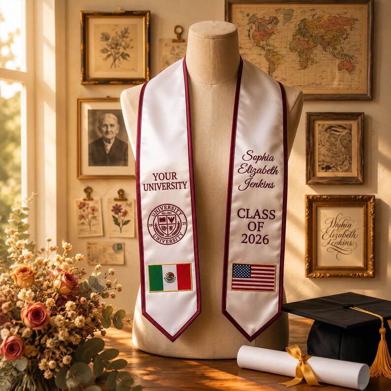 Embroidered Custom Graduation Stole With Two Flags, Personalized Class ...