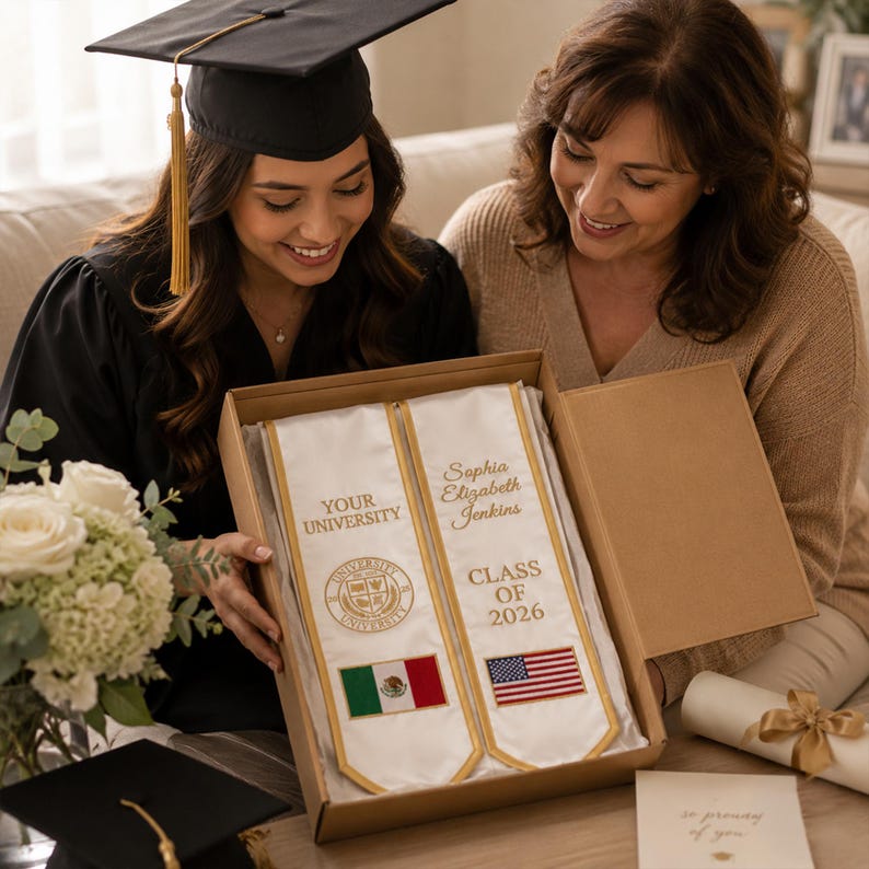 Embroidered Custom Graduation Stole With Two Flags, Personalized Class ...